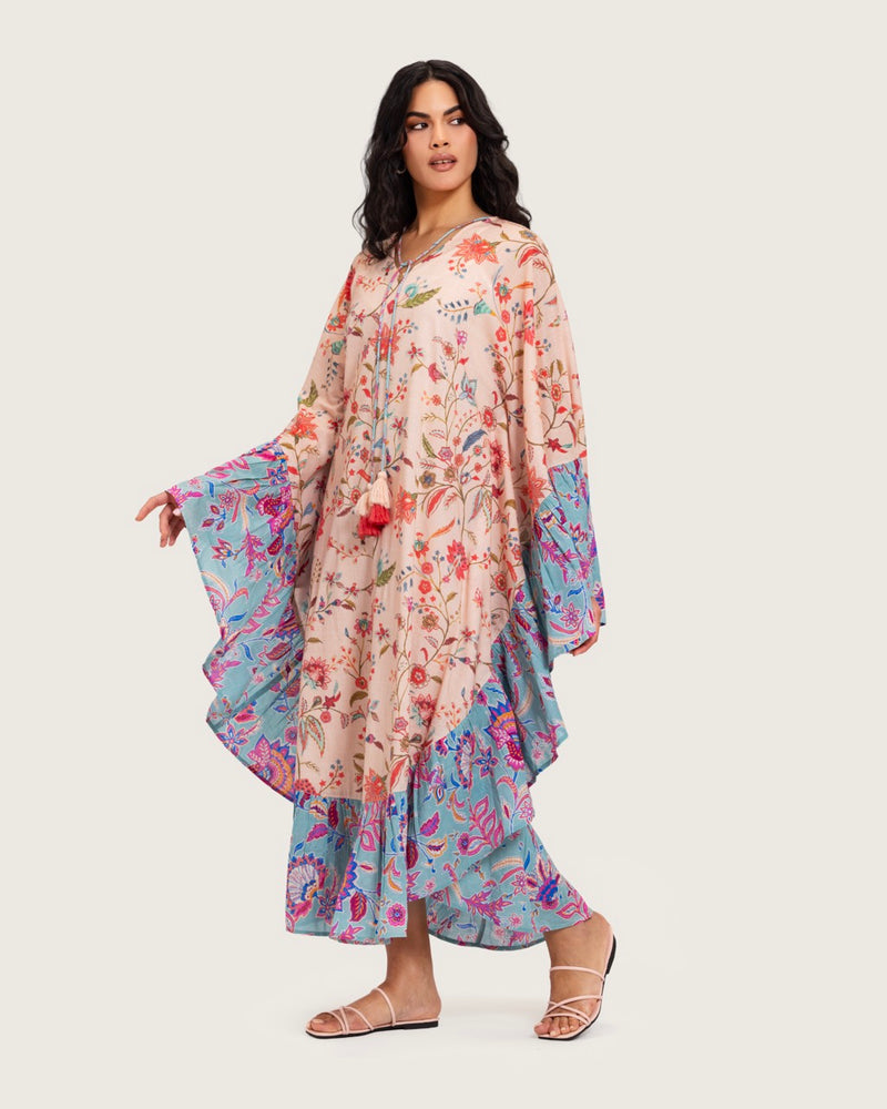 A flowy cotton kaftan with ruffle wide sleeves and mix print – Noētic